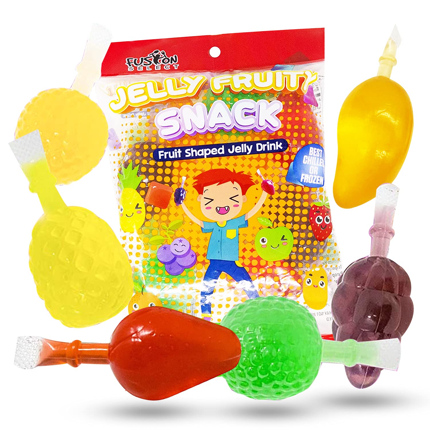 Fusion Select Jelly Fruit Snack Jelly Fruits Hit or Miss Challenge - Fruit-Shaped Jelly- Assorted Flavors, Strawberry, Orange, Apple, Pineapple, Grape, Mango (1 Bag)