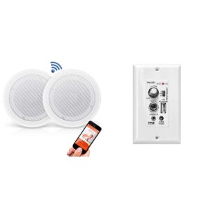 pyle pair 8" 2-way universal home speaker system - 250w bluetooth flush mount in-wall in-ceiling w/ 100w bluetooth receiver wall mount, built-in amplifier & usb, microphone, aux (3.5mm) input