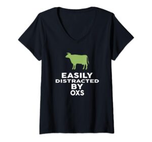 womens easily distracted by oxs t-shirt funny ox v-neck t-shirt