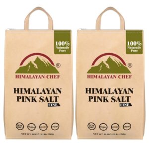 himalayan chef himalayan pink salt, kosher certified fine grains, non-gmo, seasoning salt, 100% pure and vegan with 84 trace minerals, 5lbs each (pack of 2)