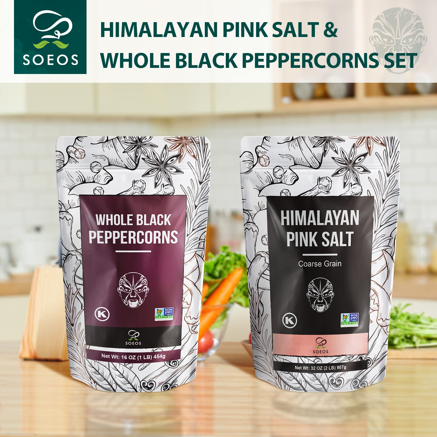 Soeos Whole Black Peppercorns 16oz + Himalayan Pink Salt 2lb, Salt and Pepper for Grinders, Black Peppercorn Refil, Pink Himalayan Sea Salt, 2 Piece Set