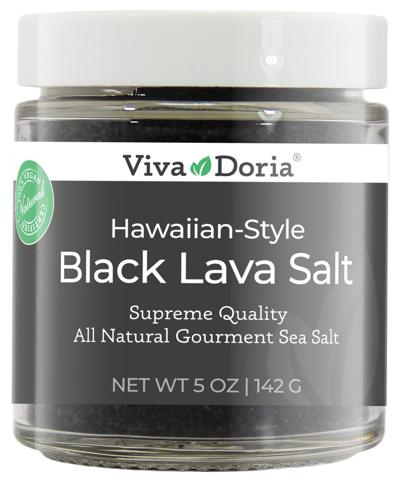 Viva Doria Hawaiian Black Lava Sea Salt, Fine Grain, Lava Salt, 5 Oz Glass Jar