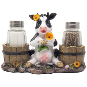 decorative holstein cow salt and pepper shaker set with old fashioned water pails holder figurine in farm animal decorations as spice racks and rustic country kitchen décor or gifts for farmers