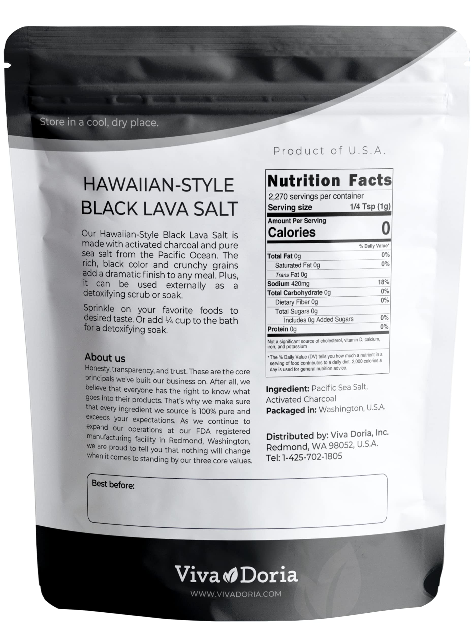 Viva Doria Hawaiian Black Lava Sea Salt, Fine Grain, Lava Salt, 5 lb (2.27 kg)