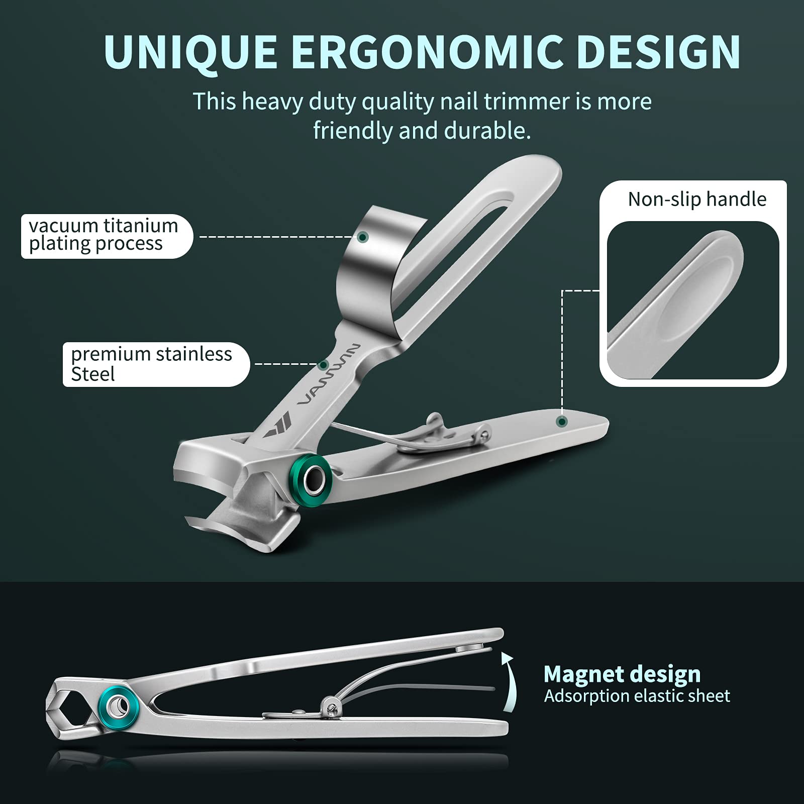 VANWIN Nail Clippers for Thick Nails, 16mm Wide Jaw Opening Oversized Toenail Clippers Cutter with Sharp Curved Blade and Nail File, Heavy Duty Stainless Steel Fingernail Clippers for Seniors Elderly