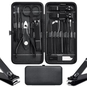 cater manicure nail clippers pedicure set - stainless steel manicure, professional grooming kit, nail care tools with luxurious travel case (18pcs-black)