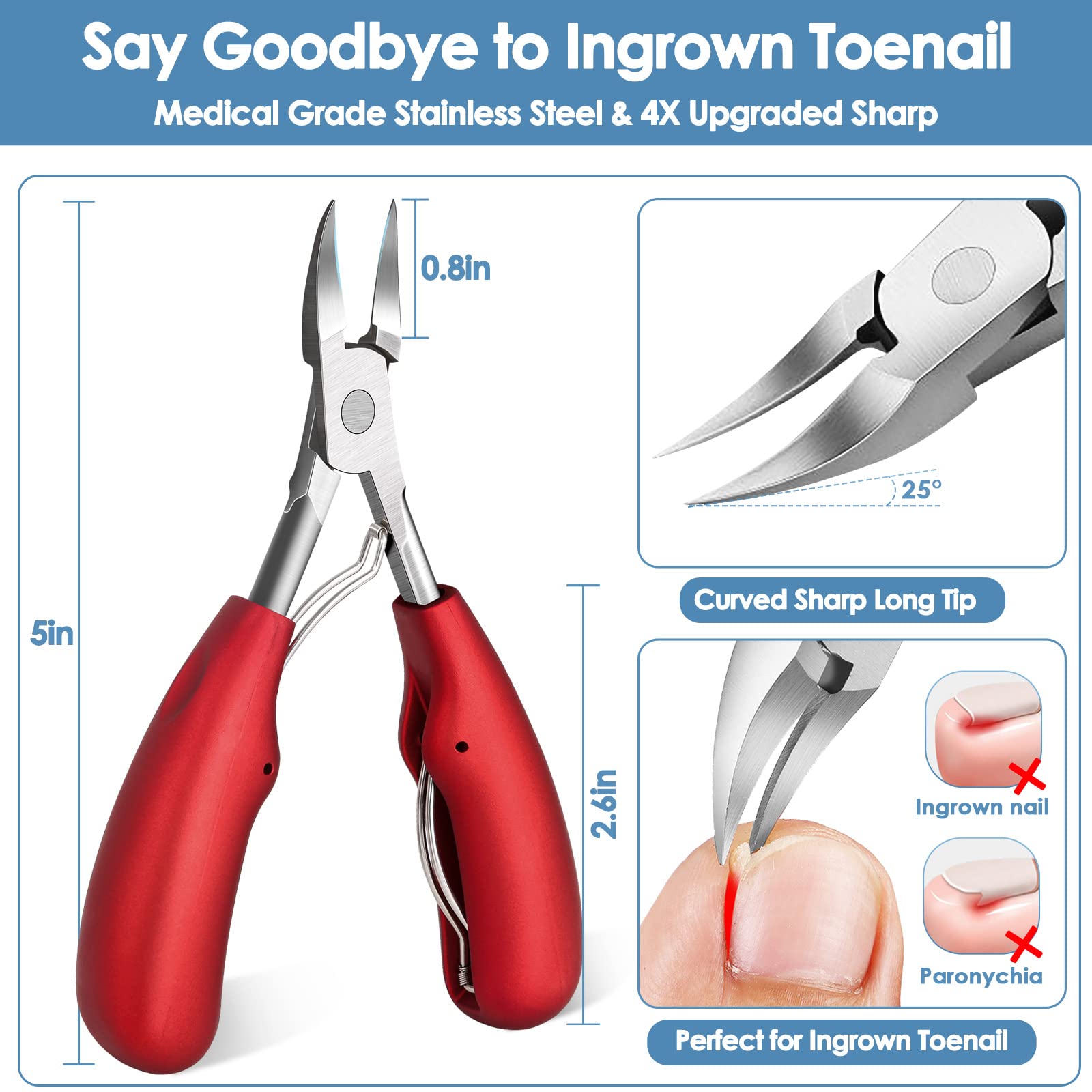 Modacraft Podiatrist Toenail Clippers, Professional Thick & Ingrown Toe Nail Clippers for Men Seniors, Ingrown Toenail Treatment Removal Kit with Nail Cutter Super Sharp Blade Soft Anti-slip Handle