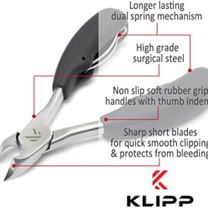 Toe Nail Clippers for Thick Nails – KLIPP Toenail Clippers Ingrown and Cuticle Nipper Trimmer Made of Rustproof Stainless Steel with Short Curved Blades, Ergonomic TPU Grips and Dual Spring Mechanism