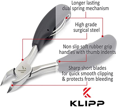 Toe Nail Clippers for Thick Nails – KLIPP Toenail Clippers Ingrown and Cuticle Nipper Trimmer Made of Rustproof Stainless Steel with Short Curved Blades, Ergonomic TPU Grips and Dual Spring Mechanism