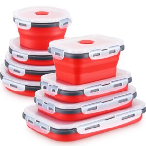 dandat 16 pcs collapsible food storage, silicone food storage containers with lids including 8 round bowls, 8 rectangle bowls collapsible freezer bowls sets for dishwasher freezer safe (red)