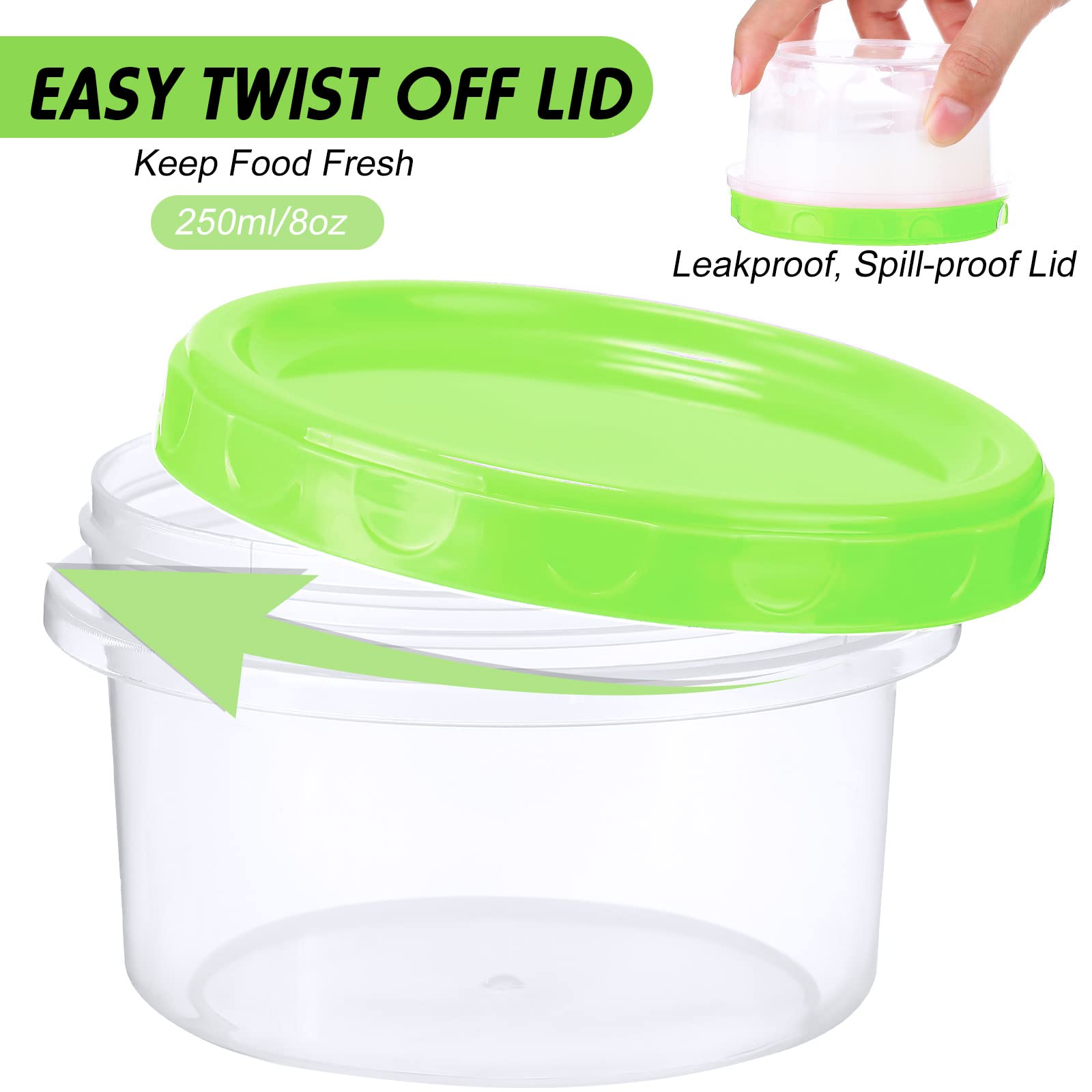 Sieral 36 Pack 8 oz/ 250 ml Freezer Containers with Lids Plastic Twist Top Deli Jars Reusable Freezer Storage Containers for Food Round Wide Mouth Lunch Snacks(Green)