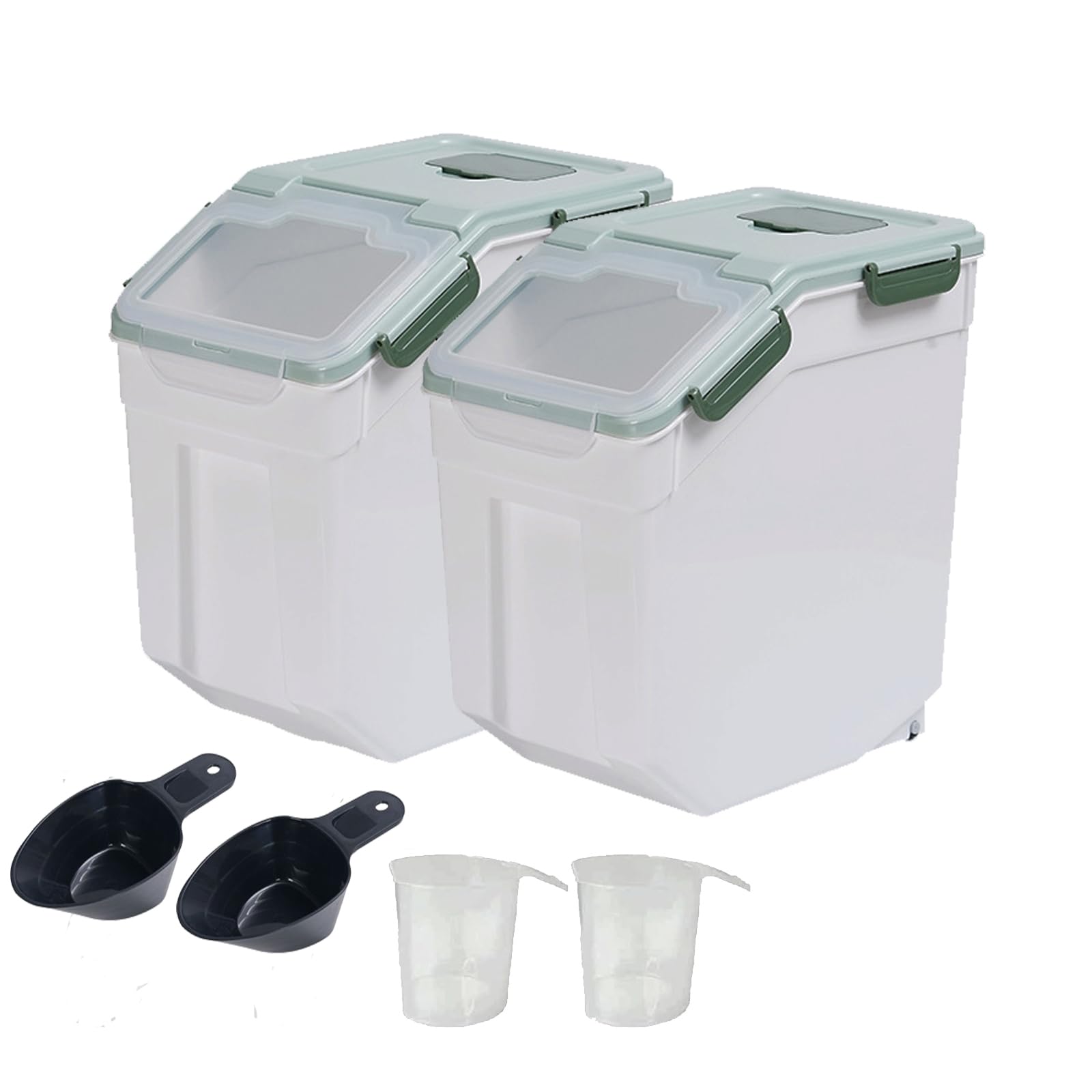 Qiveno Large Flour Storage Container Bin 25lb, 2Pack Airtight Rice Storage Containers with Wheels Seal Locking Lid, BPA Free with Measuring Cup&Scoop for Flour, Rice, Grain(Green)