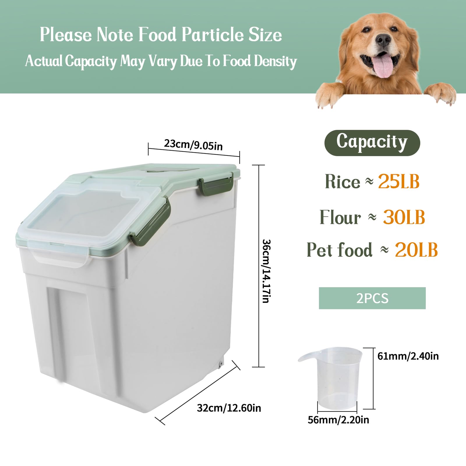 Qiveno Large Flour Storage Container Bin 25lb, 2Pack Airtight Rice Storage Containers with Wheels Seal Locking Lid, BPA Free with Measuring Cup&Scoop for Flour, Rice, Grain(Green)