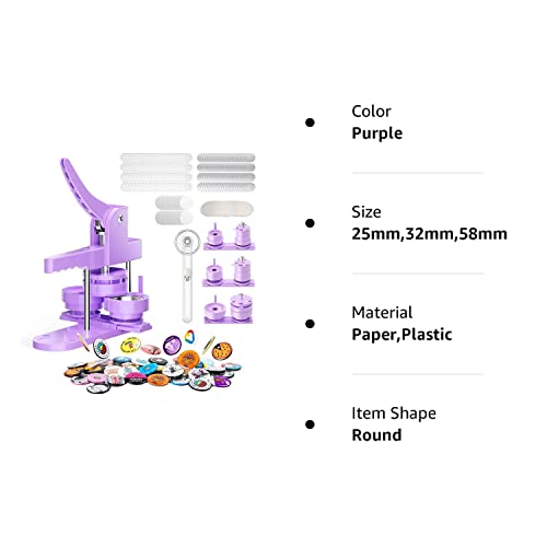 300pcs Button Pin Maker Machine Multiple Sizes 1''+1.25''+2.25'' Badge Button Press Machine with Button Parts&Circle Cutter&Picture (Purple)