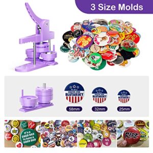 300pcs Button Pin Maker Machine Multiple Sizes 1''+1.25''+2.25'' Badge Button Press Machine with Button Parts&Circle Cutter&Picture (Purple)