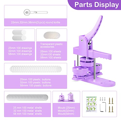 300pcs Button Pin Maker Machine Multiple Sizes 1''+1.25''+2.25'' Badge Button Press Machine with Button Parts&Circle Cutter&Picture (Purple)