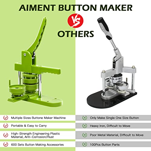 Aiment Button Maker Machine Multiple Sizes 600Pcs, Photo Pin Badge Maker 1+1.25+2.25 inch for Kids, Button Press Machine with 600 Sets Button Making Supplies & Cutter & Magic Book (Green, 25/32/58mm)