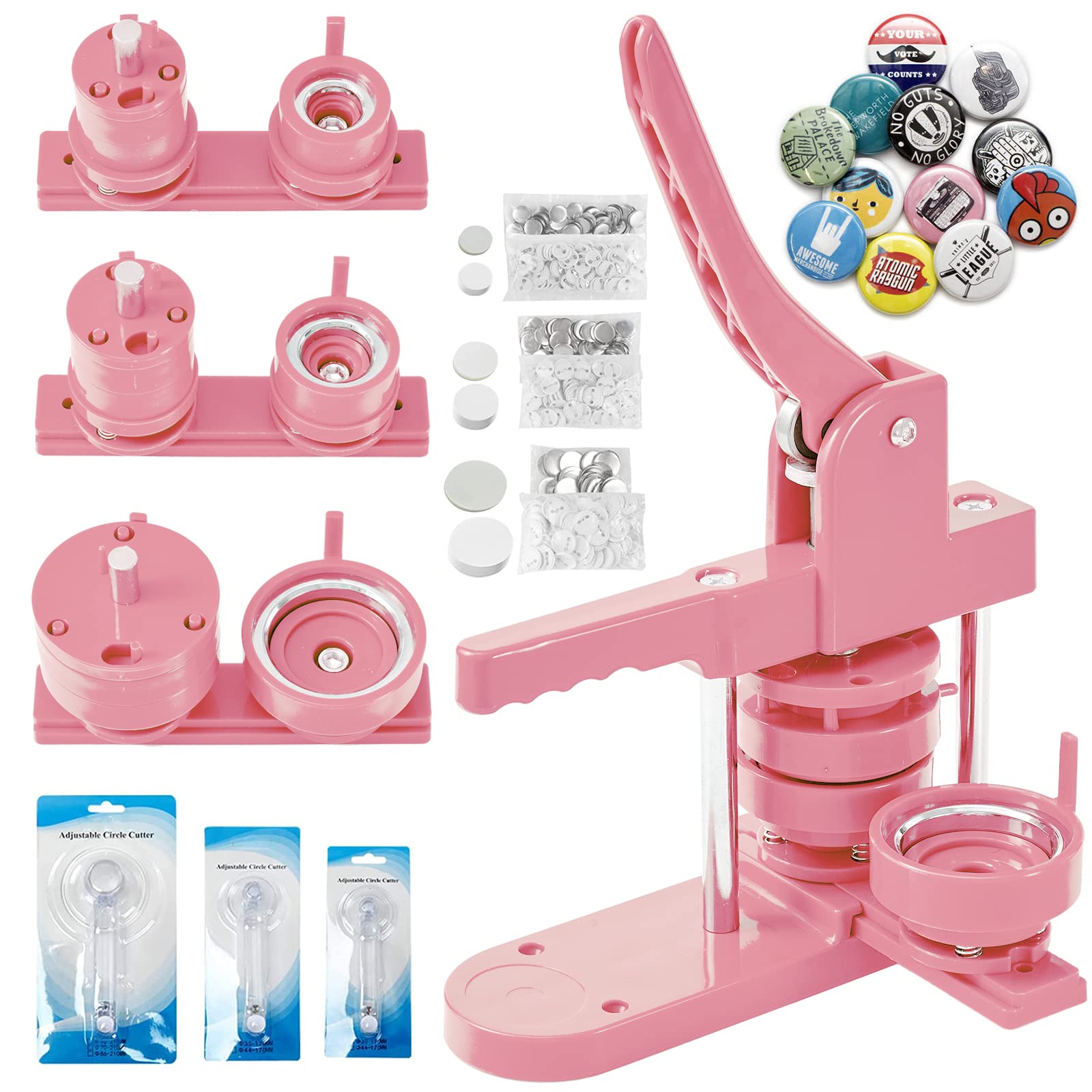 Ganggend Button Maker Machine Multiple Sizes, 1''+1.25''+2.25'' Button Badge Maker Machine Pin Button Press Maker with Button Parts Circle Cutter Accessories(Pink)