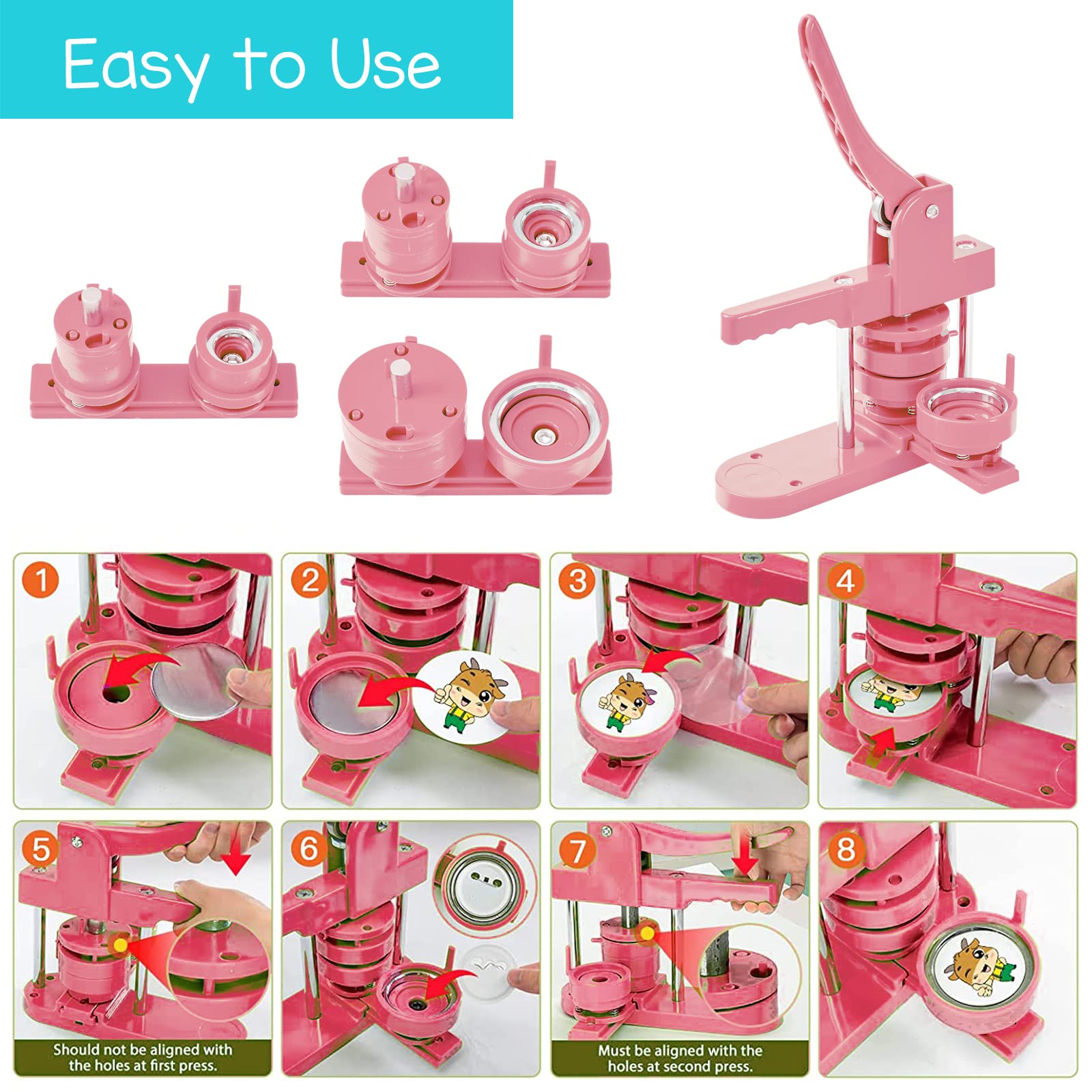 Ganggend Button Maker Machine Multiple Sizes, 1''+1.25''+2.25'' Button Badge Maker Machine Pin Button Press Maker with Button Parts Circle Cutter Accessories(Pink)