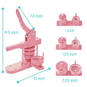 Ganggend Button Maker Machine Multiple Sizes, 1''+1.25''+2.25'' Button Badge Maker Machine Pin Button Press Maker with Button Parts Circle Cutter Accessories(Pink)