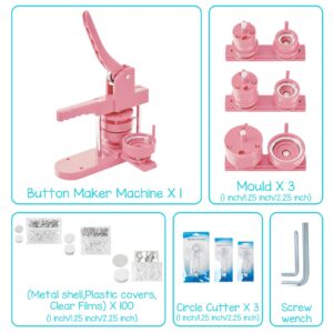 Ganggend Button Maker Machine Multiple Sizes, 1''+1.25''+2.25'' Button Badge Maker Machine Pin Button Press Maker with Button Parts Circle Cutter Accessories(Pink)