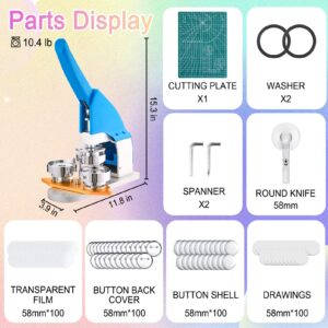 Button Maker Machine 58mm(2.25in) Installation-Free DIY Pin Badge Button Maker Press Machine Button Round Badge Maker Punch Press Machine with 100 Set Button Parts&Circle Cutter &Cutting Plate&Spanner