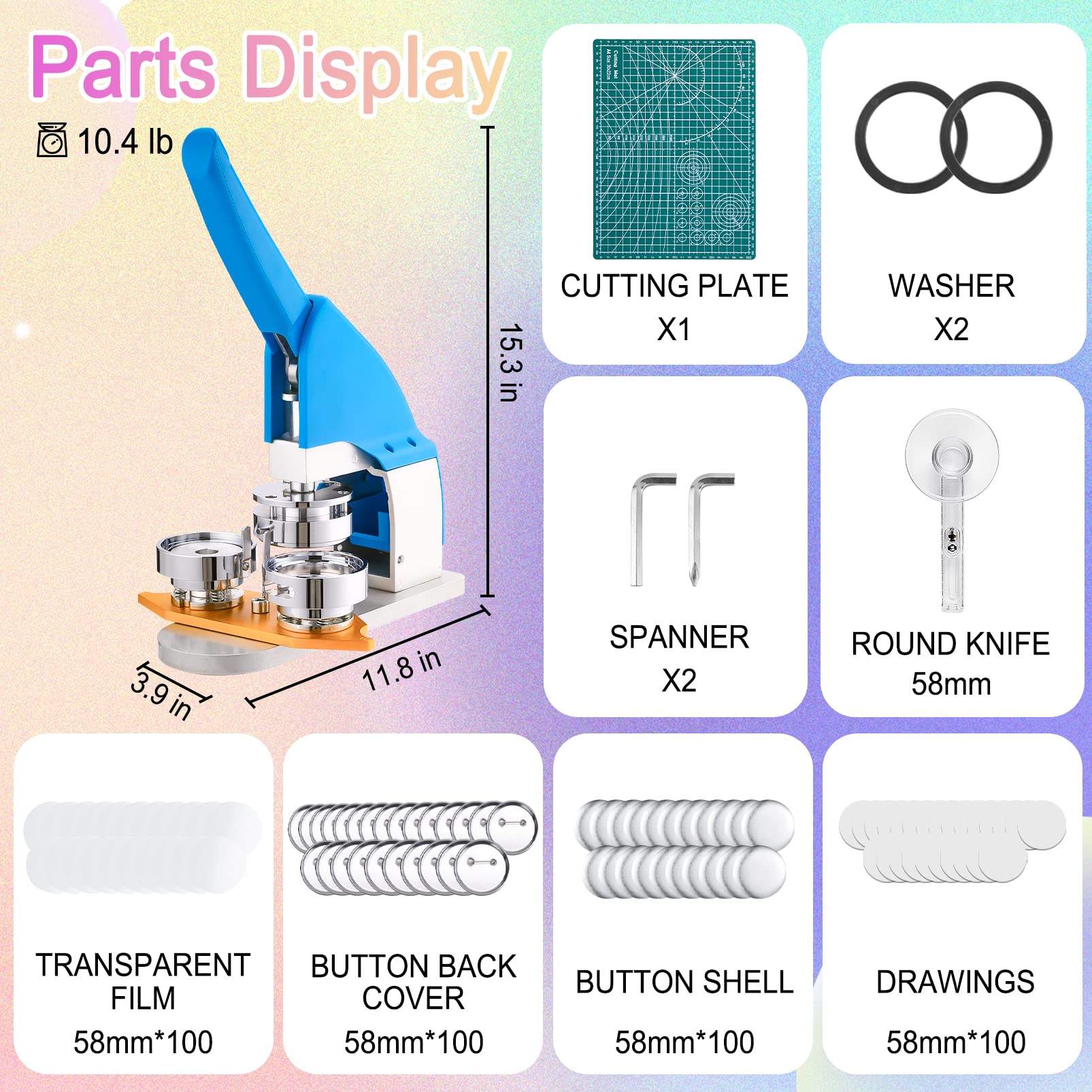 Button Maker Machine 58mm(2.25in) Installation-Free DIY Pin Badge Button Maker Press Machine Button Round Badge Maker Punch Press Machine with 100 Set Button Parts&Circle Cutter &Cutting Plate&Spanner