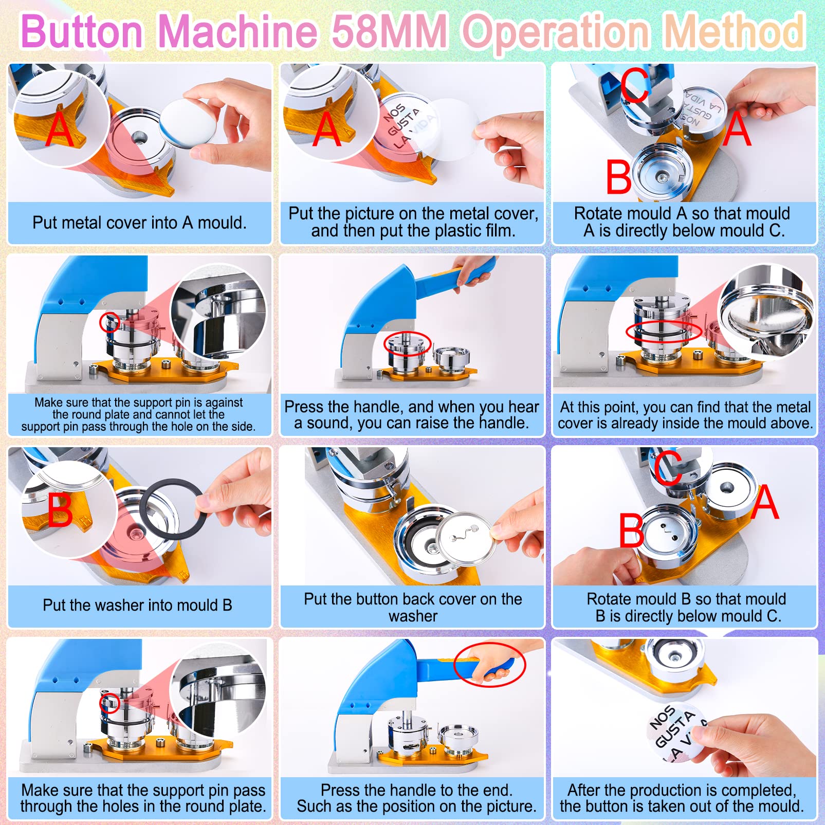 Button Maker Machine 58mm(2.25in) Installation-Free DIY Pin Badge Button Maker Press Machine Button Round Badge Maker Punch Press Machine with 100 Set Button Parts&Circle Cutter &Cutting Plate&Spanner