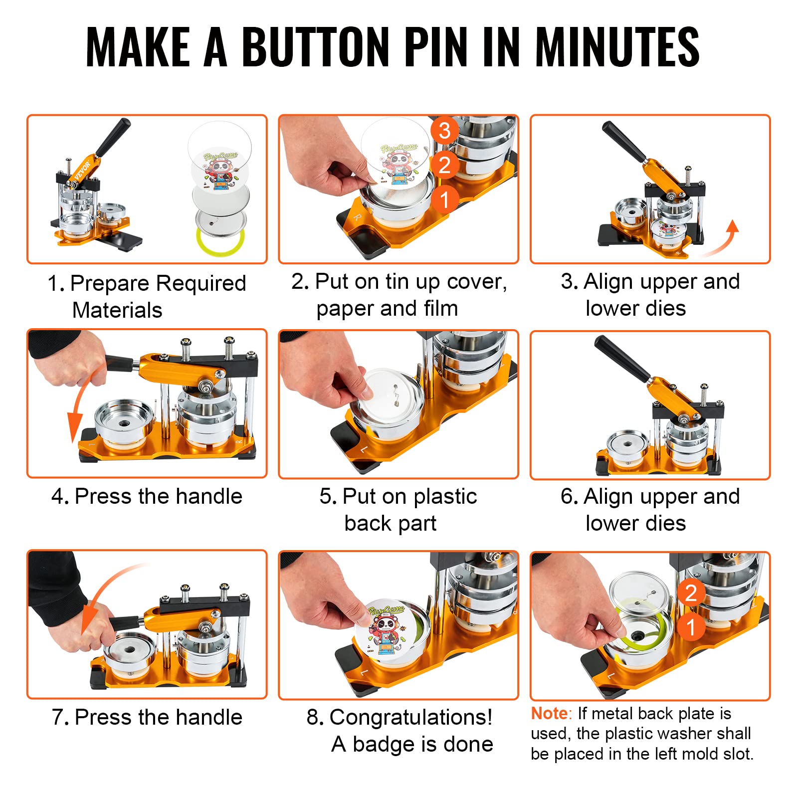 VEVOR Button Maker Machine, 75 mm(3 inch) Badge Punch Press Kit, Children DIY Gifts Pin Maker, Button Making Supplies with 100pcs Button Parts & Circle Cutter & Magic Book