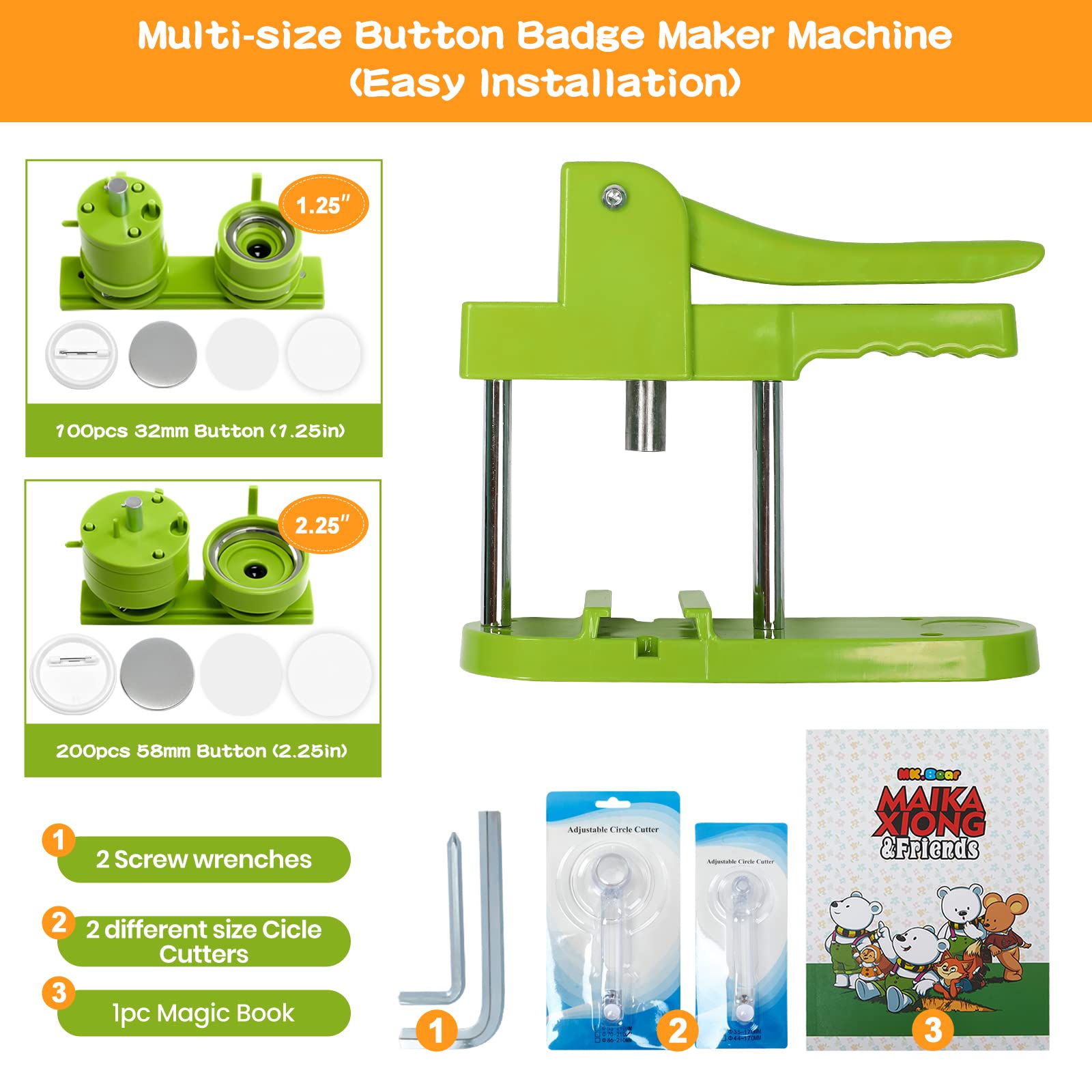 Alldeer Pin-Maker-Machine 1.25+2.28 inch (32+58mm), Button Maker Machine Multiple Sizes with 300 Sets Button Supplies for Kids, Badge Maker Machine DIY Gift Pin Press Kit