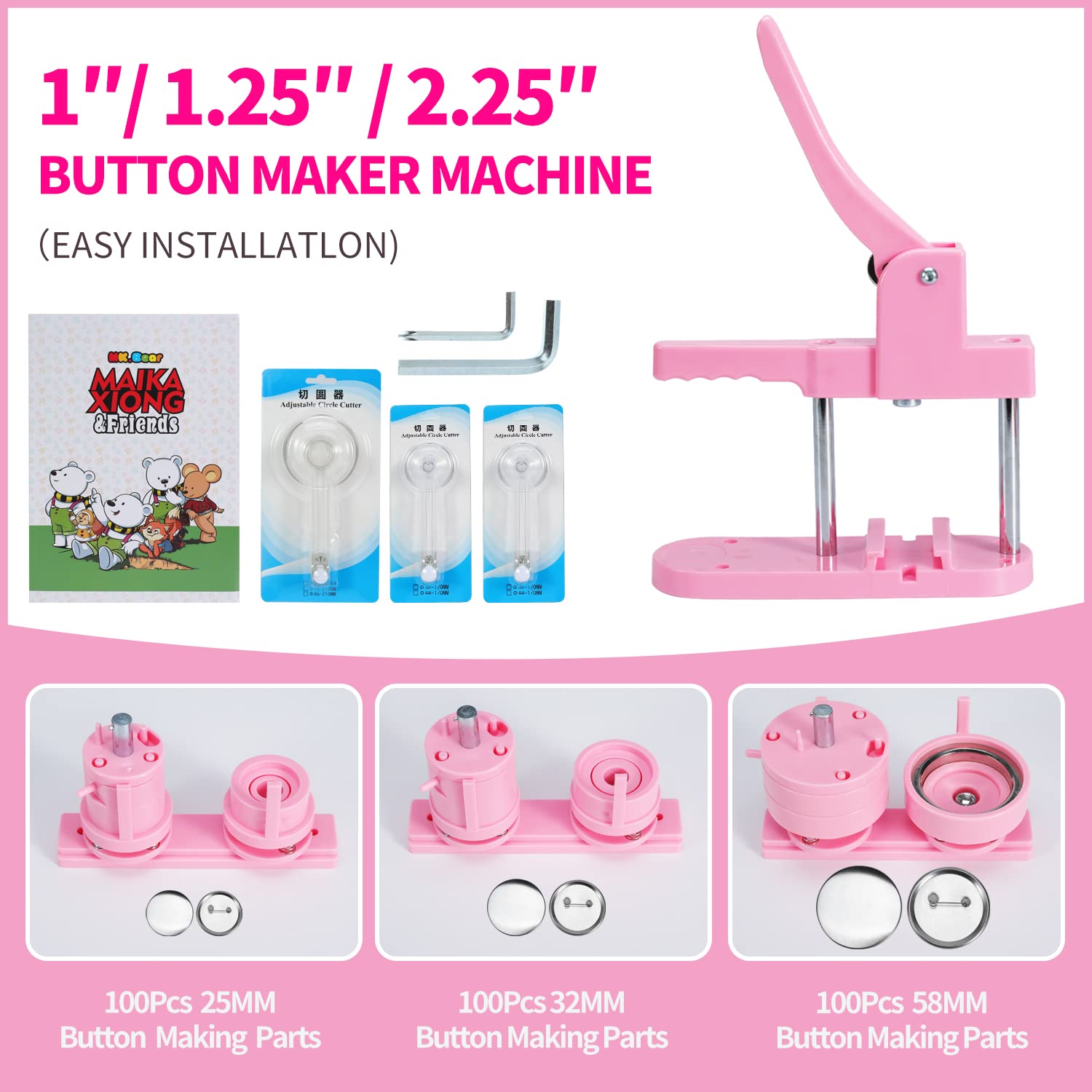 Upgrade Button Maker Machine Multiple Sizes,Pin Maker Machine 1+1.25+2.25 inch Press Machine, Pin Backs, Plastic Films & Circle Cutters