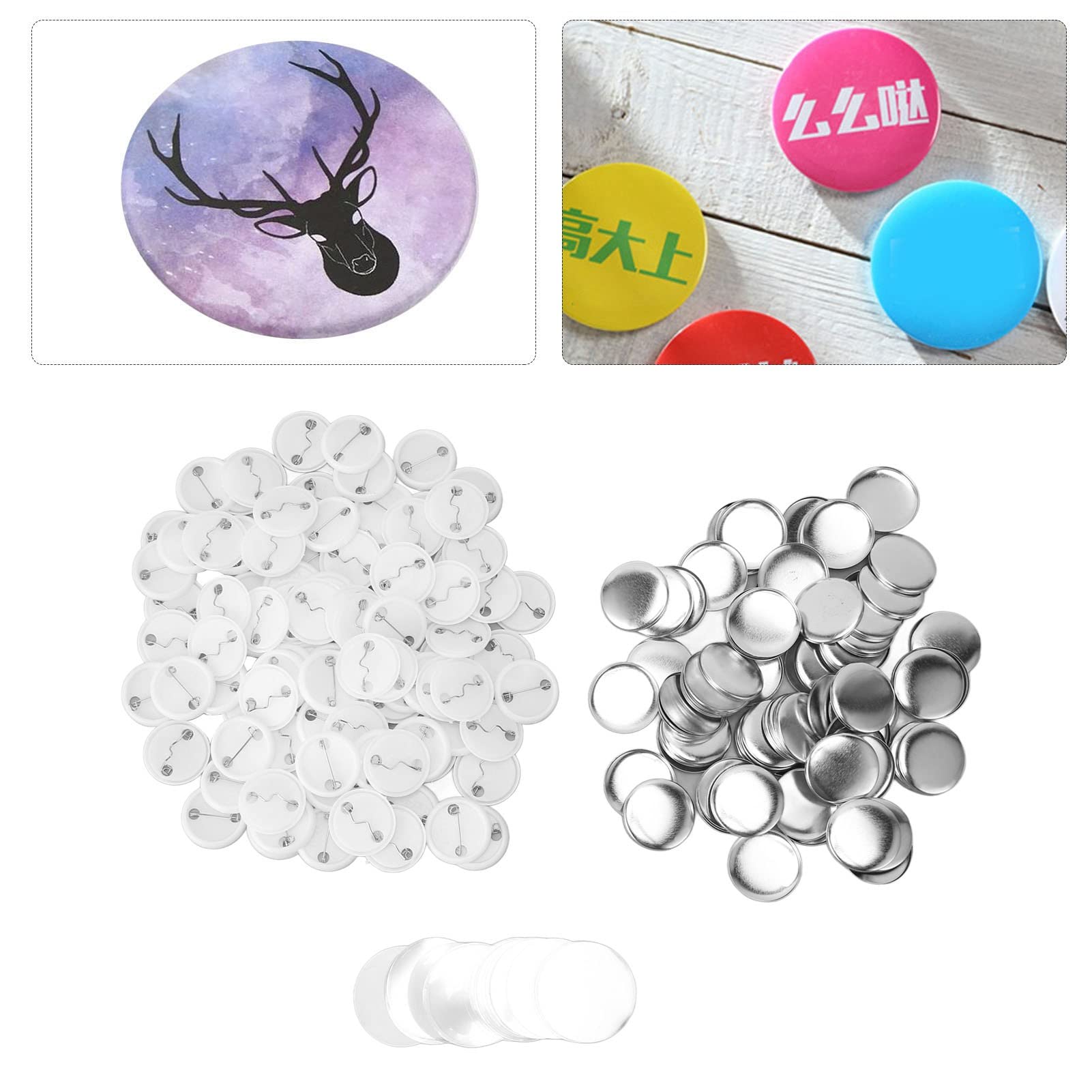 100 Sets Blank Button Making Supplies, DIY Pin Back Button Parts for Button Maker Machine Round Badge Pin Button Parts, includes Metal Cover, Plastic Button Back Cover, Clear(32mm/1.25 inch)