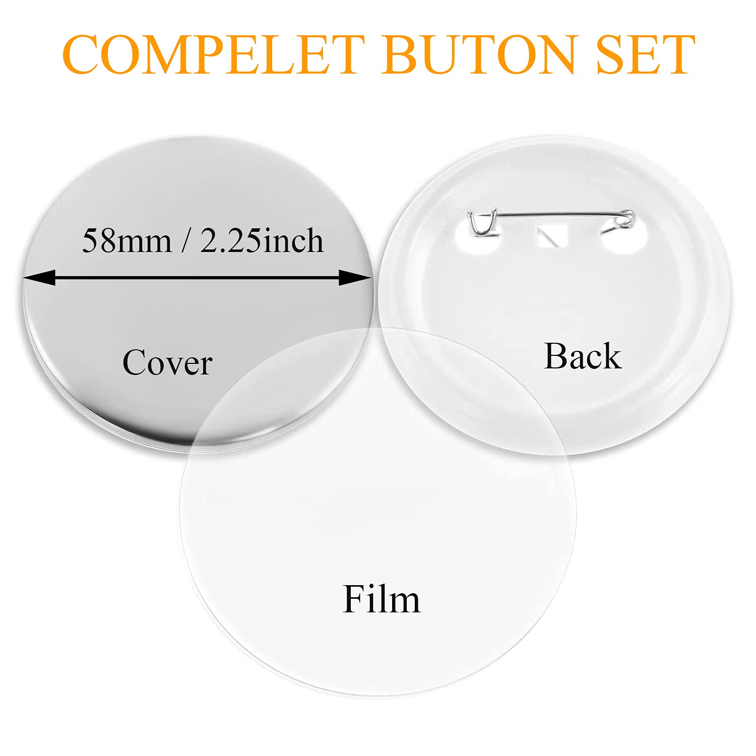 MiDube 2.25 inch Blank Button Badge Maker Pin Parts Metal Large Shells Plastic Back Cover and Clear File Components DIY Crafts Arts Supplies for Buttons Machine Presents Souvenirs 98 Pack (B-100)