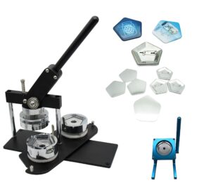 chibuttons (kit) pentagonal 58x60mm pro badge machine button maker-b400 + mould + 100 parts + blue stand cutter metric system (black)