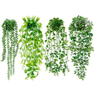 artificial hanging plants for shelf, 4 pack fake potted greenery faux eucalyptus vine, mandala vine, string of pearls,pea pod leaves in pot for office living room bathroom indoor outdoor décor