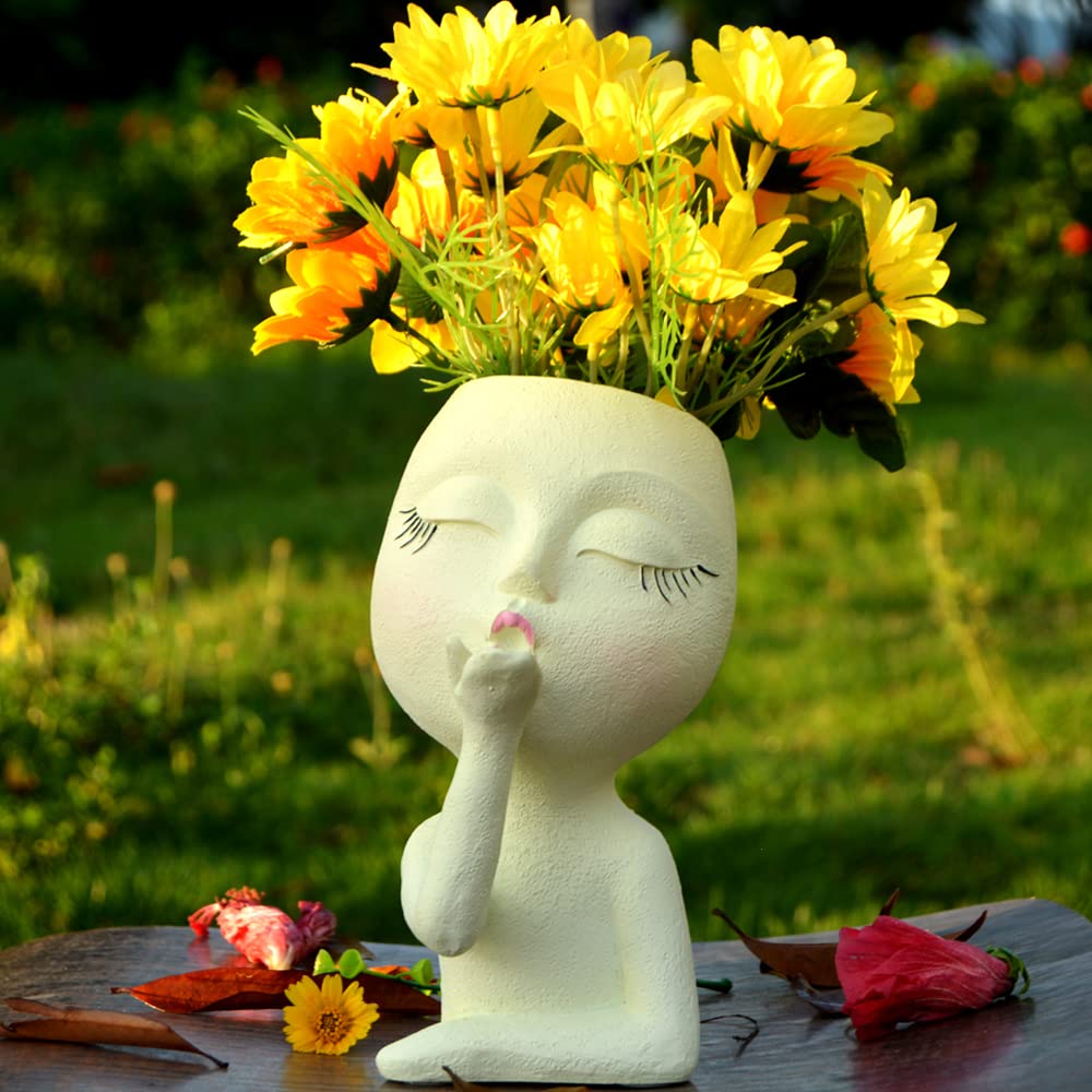 JYTTI Face Planters Pots Head Planter, Plant Pots Indoor, Face Planter, Small Flower Pots, 7 inch Plant Pot, Cute Statue Gifts for Lady, Plant Vase with Drainage & Plug for Home Decor (Kiss Yellow)