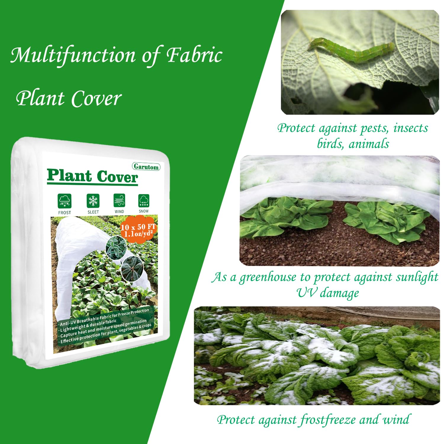 Garutom Plant Covers Freeze Protection 10ft x 50ft 1.1 oz Frost Cloth Plant Freeze Protection, Frost Blankets for Outdoor Plants Winter or Floating Row Covers Shade Cloth for Gardens, Vegetables