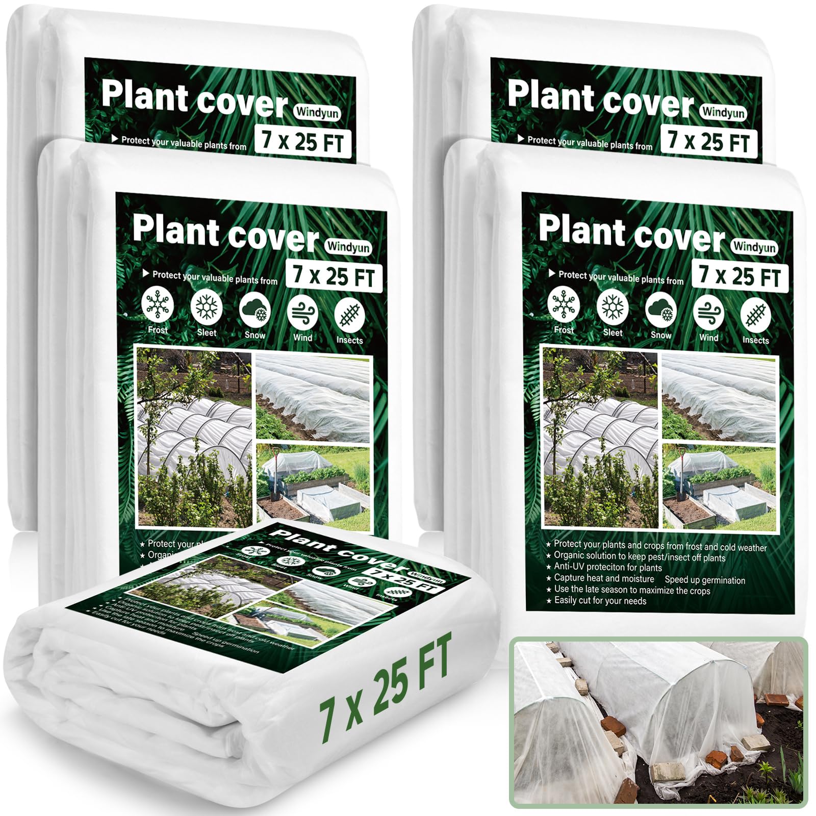 Windyun 4 Pack Plant Covers Freeze Protection Frost Cloth Thick Frost Blankets Floating Row Cover Plant Cover for Winter Cold Weather Outdoor Garden Plants Frost Snow Protection(White, 7 x 25 ft)