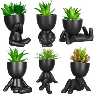 6 pcs cute artificial succulent plants mini fake succulent ceramic succulent planters with creative human shaped pots decorative pots mini potted succulents decor for office home decor (black, cute)