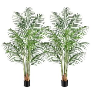 keeplush artificial palm tree 6ft tall fake palm tree indoor decor with 18 trunks and real bark design faux tropical areca palm silk floor plant in pot for home office living room bedroom decor 2pcs