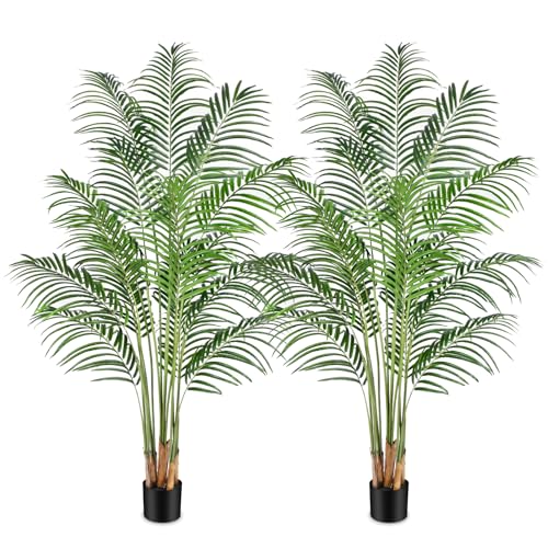 Keeplush Artificial Palm Tree 6ft Tall Fake Palm Tree Indoor Decor with 18 Trunks and Real Bark Design Faux Tropical Areca Palm Silk Floor Plant in Pot for Home Office Living Room Bedroom Decor 2pcs