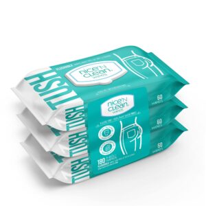 nice 'n clean adult flushable wipes (3 x 60 count) | personal cleansing wipes made from plant-based fibers | infused with aloe & vitamin e