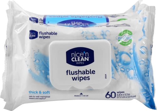 Nice 'N Clean Adult Flushable Wipes (3 x 60 Count) | Personal Cleansing Wipes Made from Plant-Based Fibers | Infused with Aloe & Vitamin E