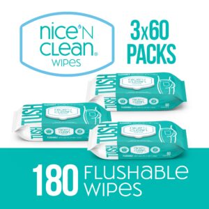 Nice 'N Clean Adult Flushable Wipes (3 x 60 Count) | Personal Cleansing Wipes Made from Plant-Based Fibers | Infused with Aloe & Vitamin E