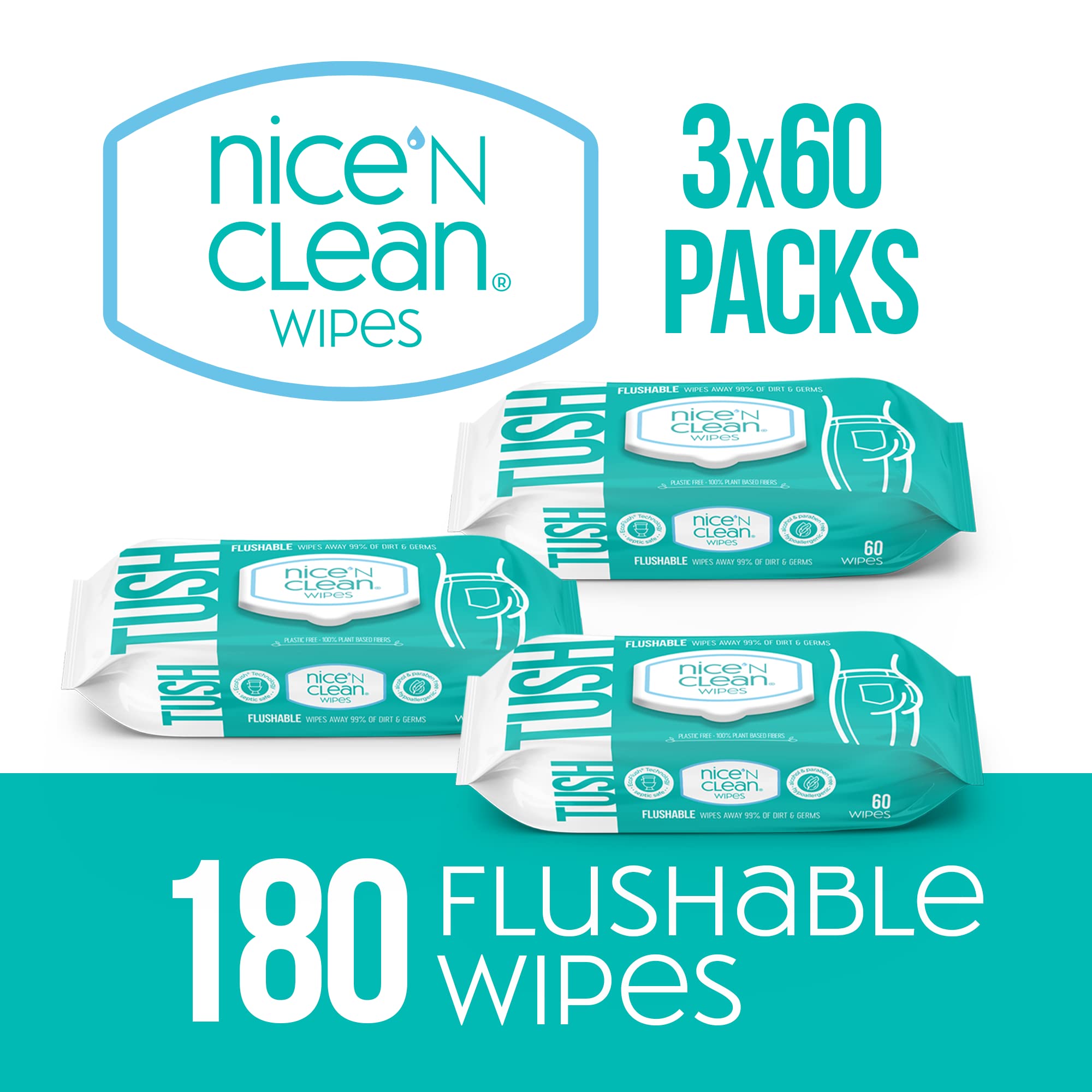 Nice 'N Clean Adult Flushable Wipes (3 x 60 Count) | Personal Cleansing Wipes Made from Plant-Based Fibers | Infused with Aloe & Vitamin E