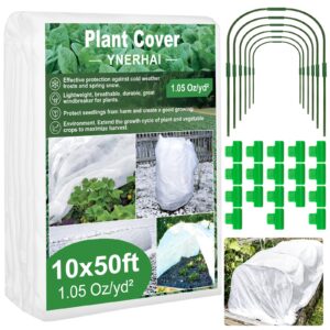 ynerhai plant covers freeze protection kit with 6 pcs garden hoops & clips, 10 ft x 50 ft garden frost cloth plant covers for winter protection, floating row cover frost blankets (1.05 oz/yd²)