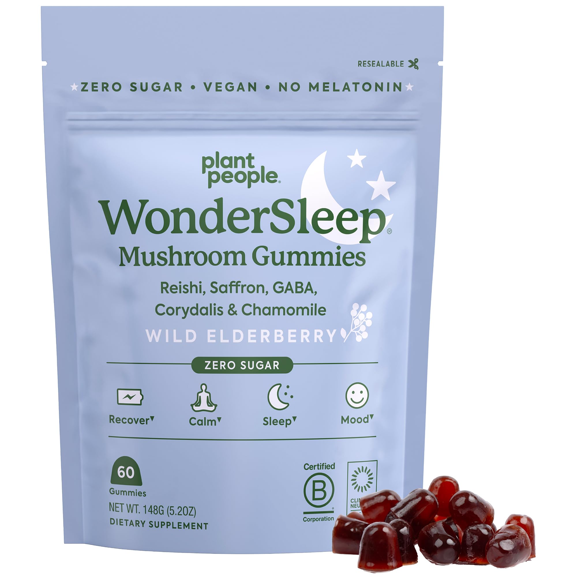 Plant People WonderSleep Mushroom Gummies Supplement for Sleep and Relaxation with Reishi Super Mushrooms, Wild Elderberry Flavor, No Sugar (60 Count)