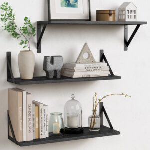 black floating shelves 24 inches long set of 3, 24 x 8 inch deep bathroom wall shelves over toilet for towels, connect 2 or 3 wood shelves as 48 or 72 inch wide for bedroom kitchen closet