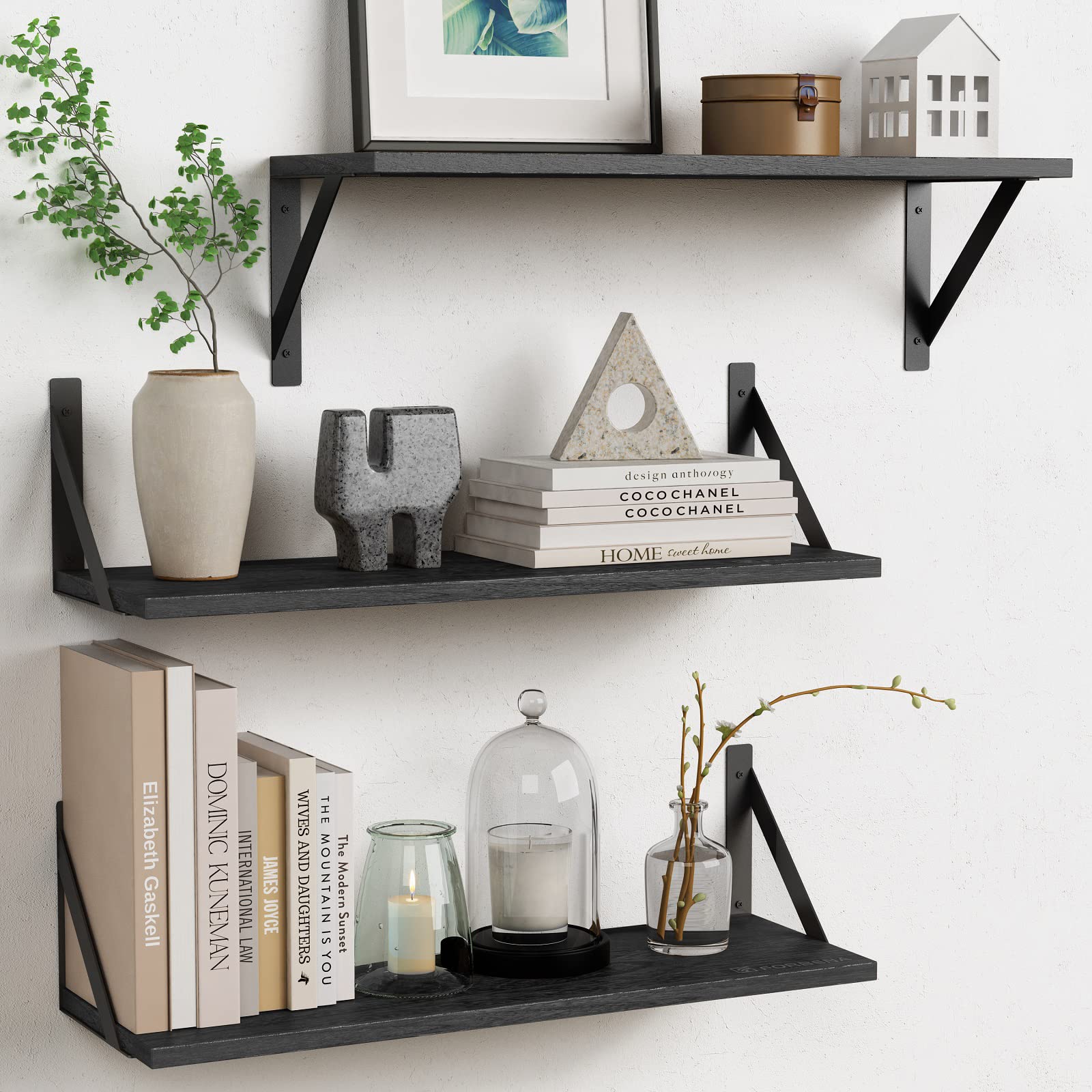 Black Floating Shelves 24 inches Long Set of 3, 24 x 8 Inch Deep Bathroom Wall Shelves Over Toilet for Towels, Connect 2 or 3 Wood Shelves as 48 or 72 Inch Wide for Bedroom Kitchen Closet