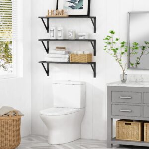 Black Floating Shelves 24 inches Long Set of 3, 24 x 8 Inch Deep Bathroom Wall Shelves Over Toilet for Towels, Connect 2 or 3 Wood Shelves as 48 or 72 Inch Wide for Bedroom Kitchen Closet